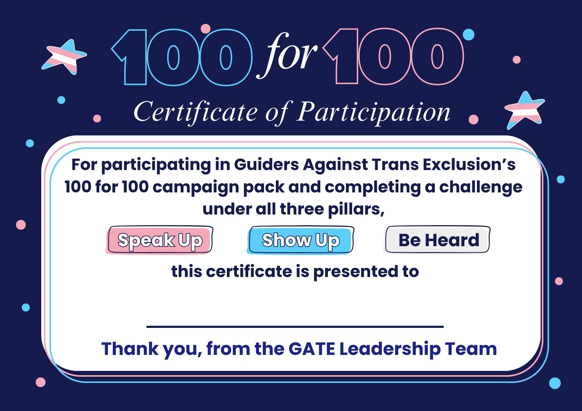 100 for 100 completion certificate – Guiders Against Trans Exclusion